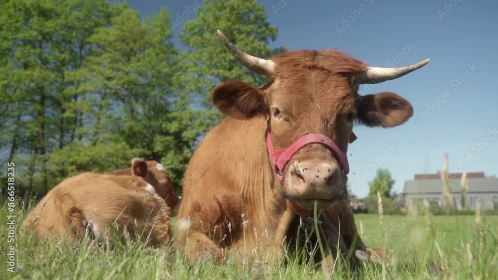 A caring mother cow and her adorable calf rest peacefully side by side ...