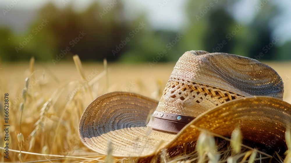 Straw cowboy hat in wheat field. A straw cowboy hat rests on a wheat ...