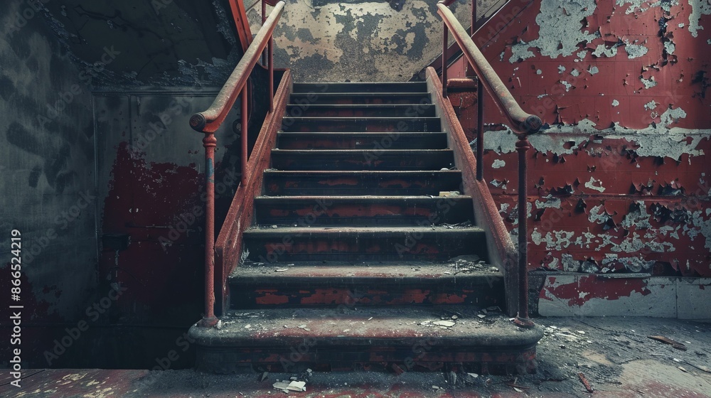 Dilapidated staircase in abandoned building. Eerie image of a worn ...