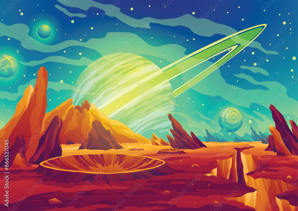 Mars landscape, alien planet surface with rocky terrain. Space game ...