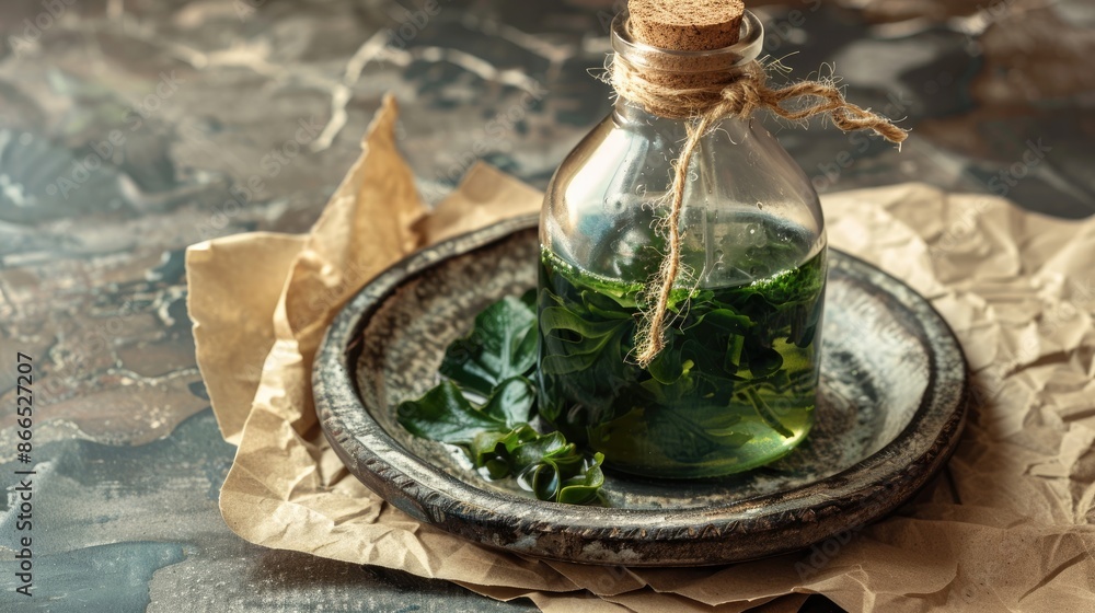Innovative superfood ingredient Seaweed and algae oil in glass bottle ...