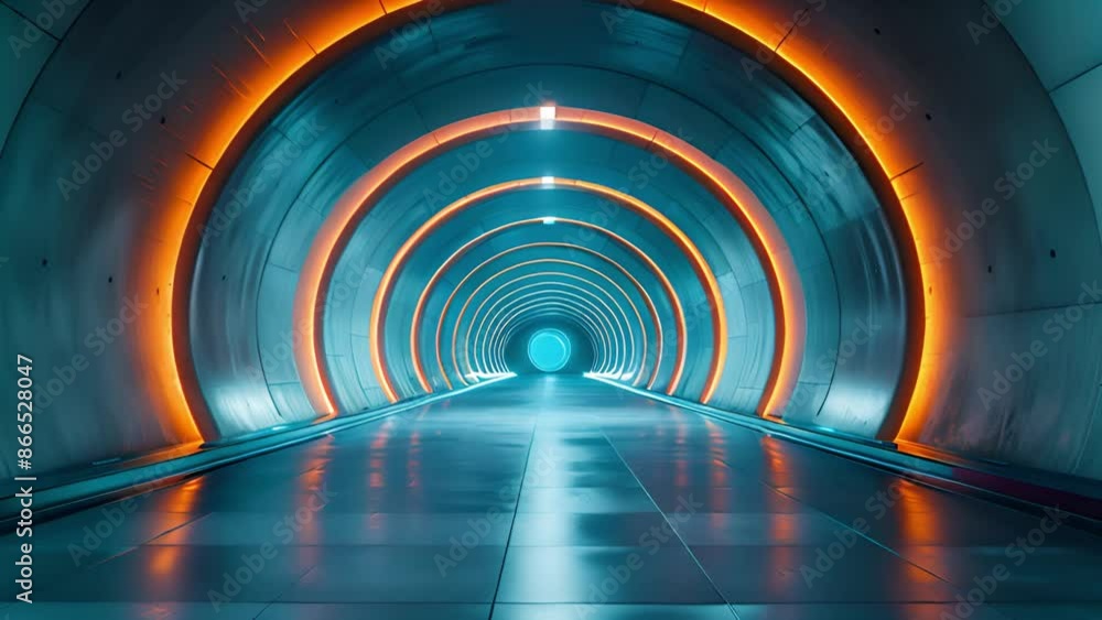 A futuristic tunnel with orange and blue lighting creates a sense of ...