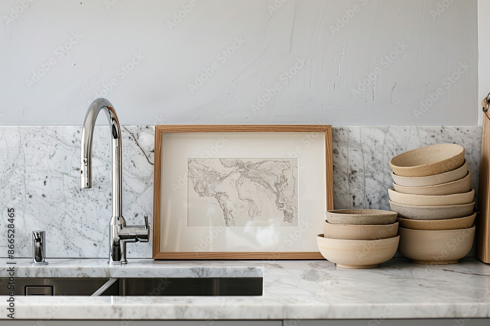A framed drawing of the world map is placed on the marble kitchen ...