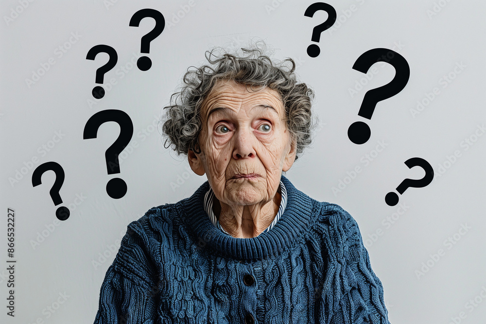 An elderly woman with question marks above her head, depicting confusion and uncertainty ...