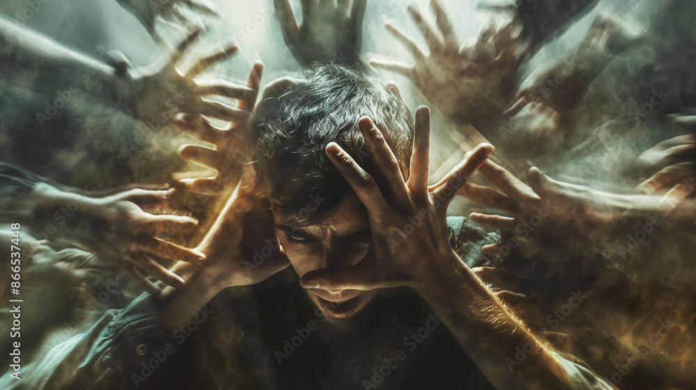 Person struggling under the weight of large, metaphorical hands pushing ...