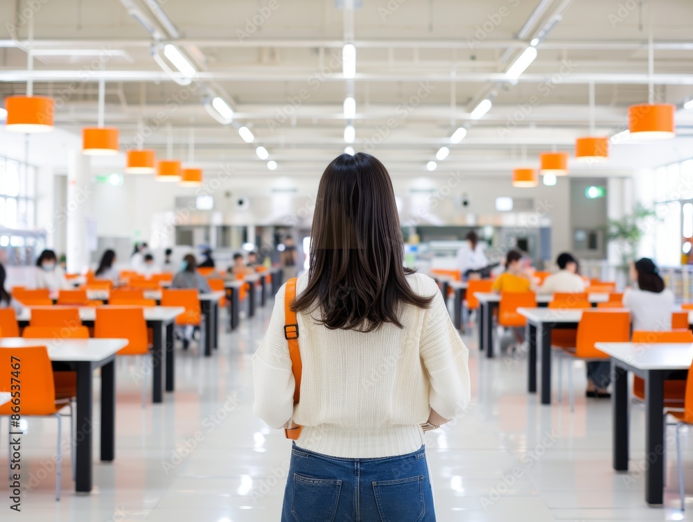 University cafeteria bustling with Japanese students, diverse food ...