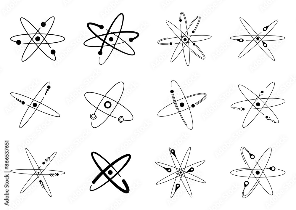 Atom symbols of nuclear energy icon set. Scientific research and ...