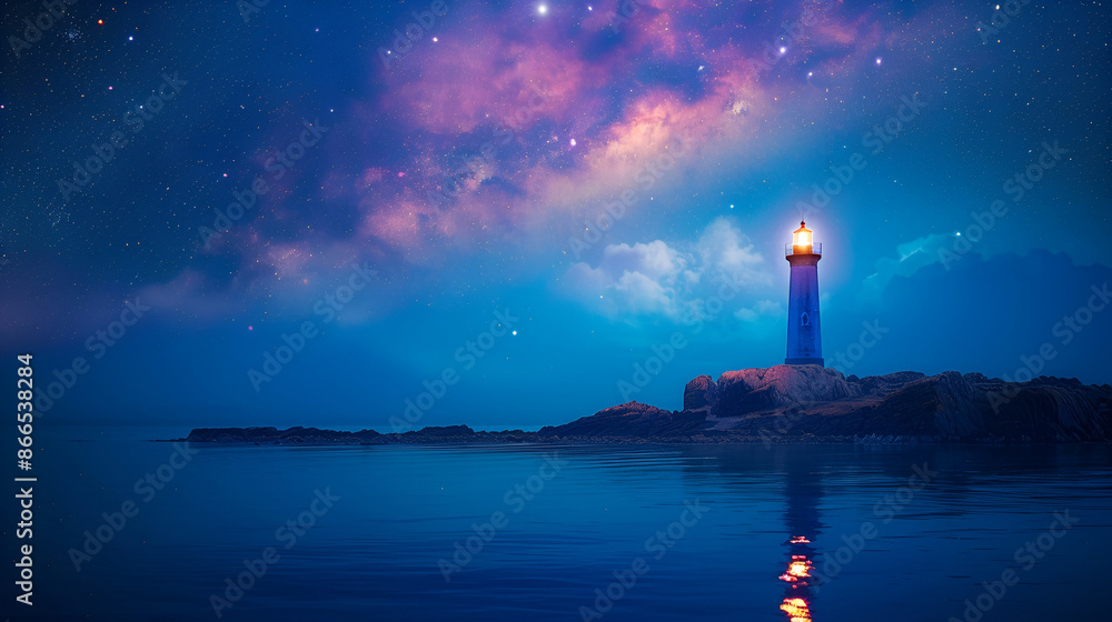 nighttime scene with a lighthouse standing tall on a rocky outcrop. The ...