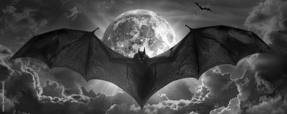 Majestic bat spreads its wings against full moon backdrop, creating a ...