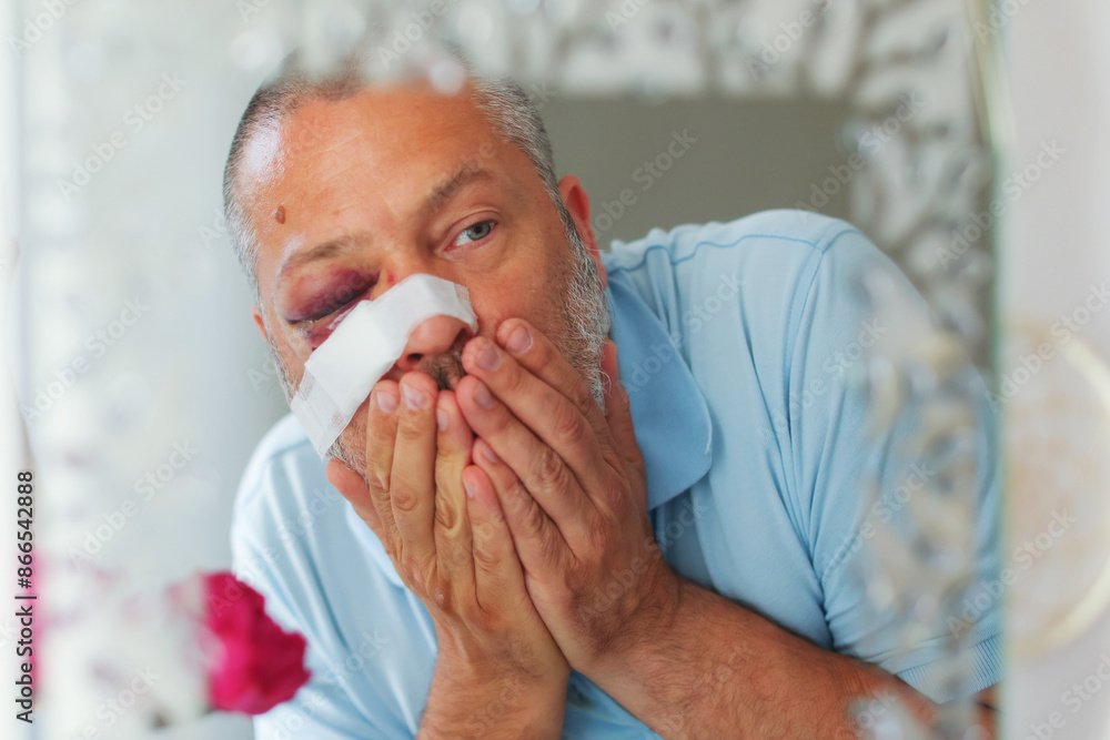 eye injury, man with black eye look in a mirror and shocked. man after ...