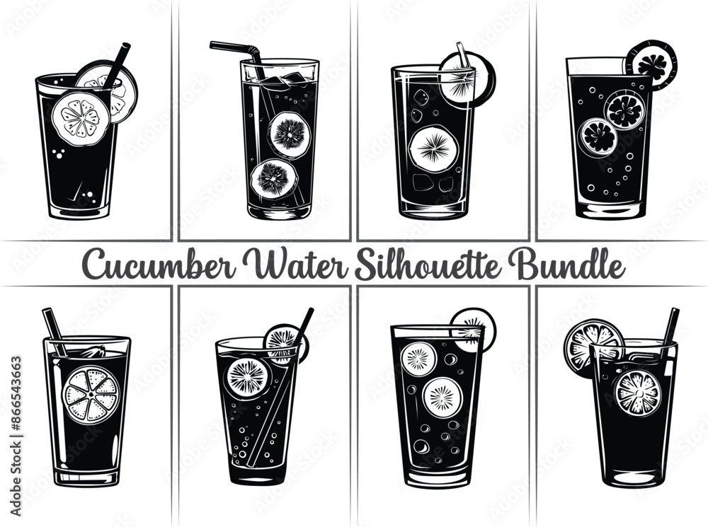 Cucumber water silhouette. A stylish set of icons featuring summer ...