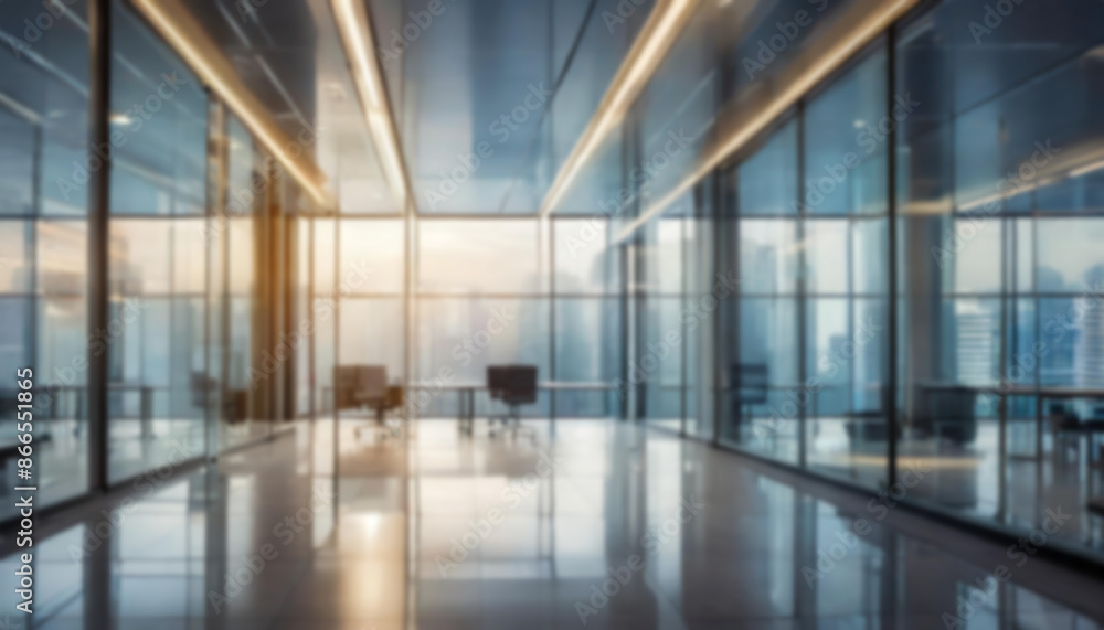 Blured background of modern, sleek office space with glass walls ...