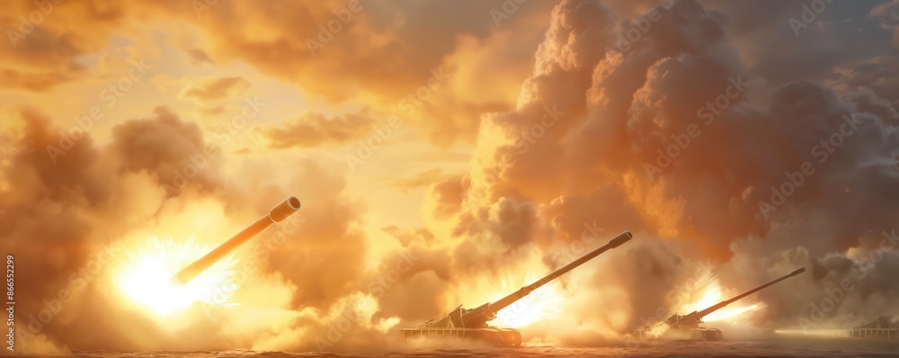 Artillery firing in a coordinated barrage, heavy weaponry, battlefield ...