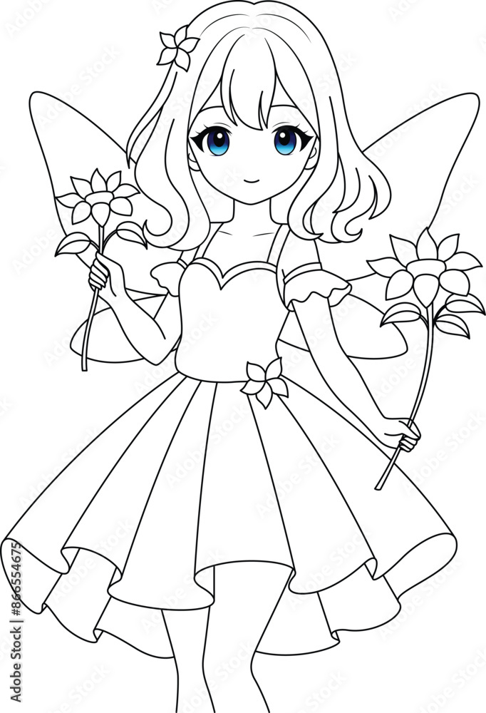 Cute kawaii fairy holding flowers outline coloring page for kids Stock ...