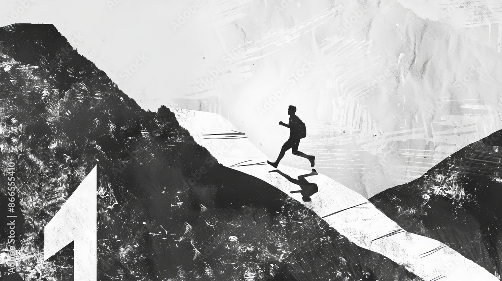 Black and white collage illustration of small guy running and drawing a ...