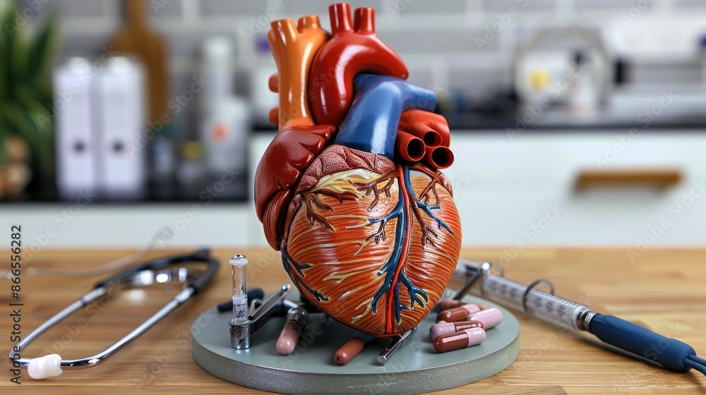 Realistic model of a human heart, on a lab table with medical ...