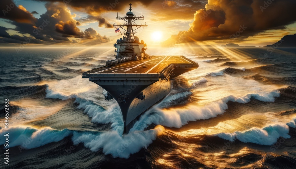 majestic navy ship sailing through the ocean at sunset, with golden ...
