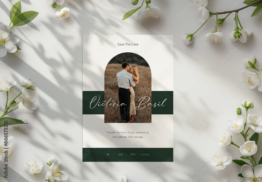 Simple Wedding Invitation With Photo Placeholder and Green Accent Stock ...