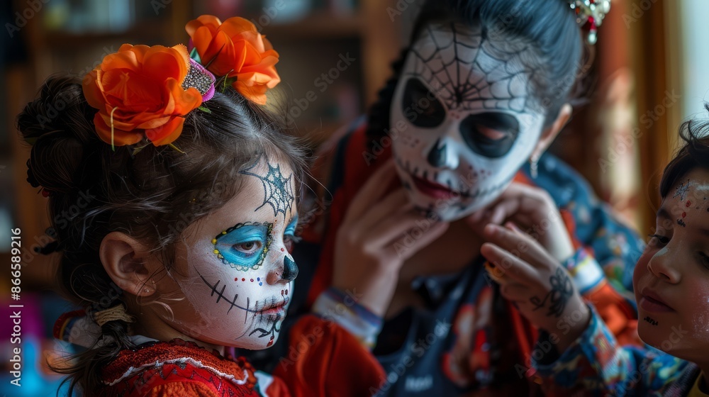 Parents help their children put face paint on their faces and put on ...