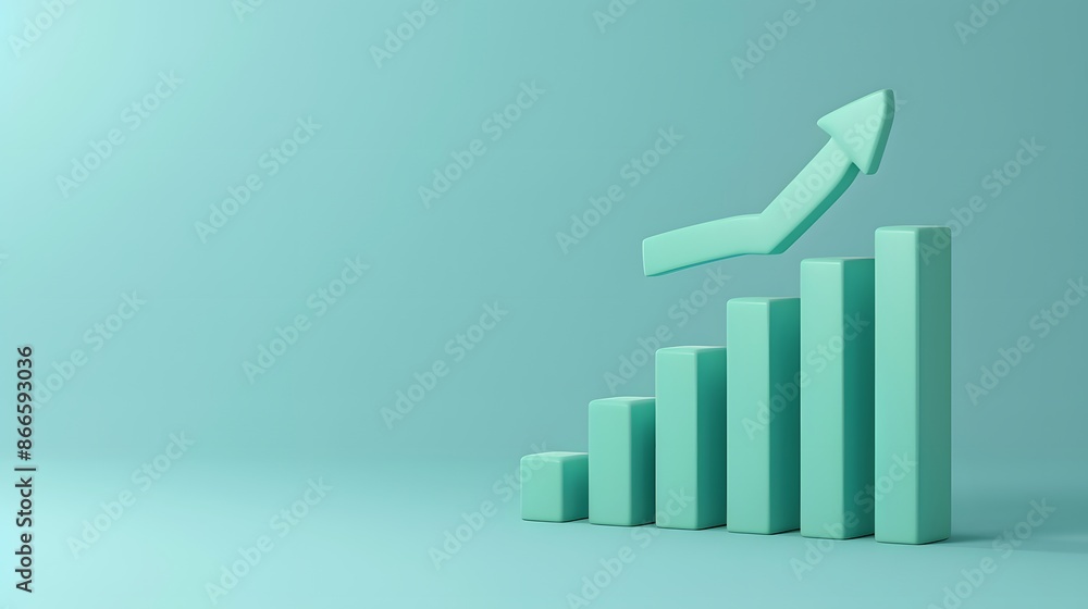 3D bar chart with an upward arrow symbolizing growth and success on a ...