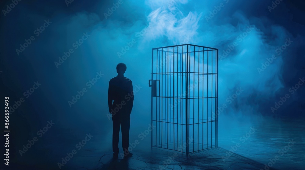 Trapped in a cage with an open door, the figure remains motionless ...
