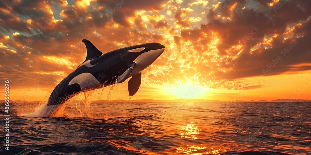 Orca Whale Jumping Out of Water with Sunset Background. Concept ...