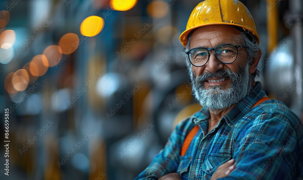 Smiling older engineer with beard and mustache stands with arms crossed ...