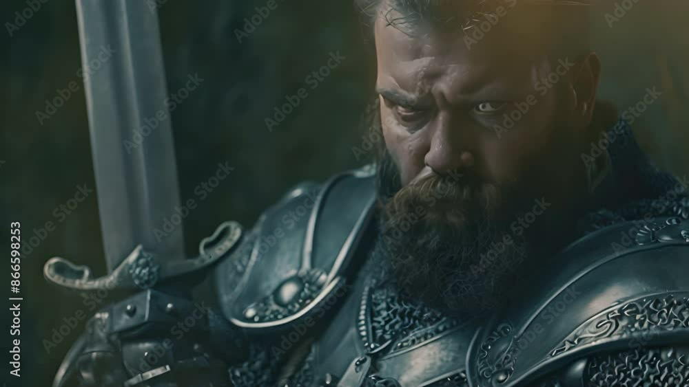 Bearded male warrior in medieval metal armor with sword. A fairy tale ...