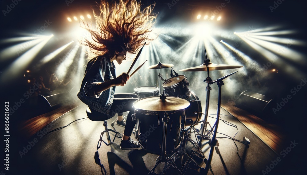 female drummer mid-performance. Her hair is wildly flaring as she ...