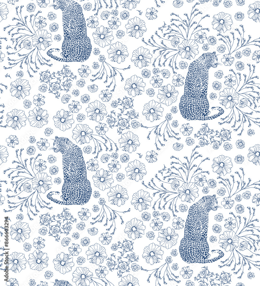 Pattern of leopards and small blue flowers on a transparent background ...