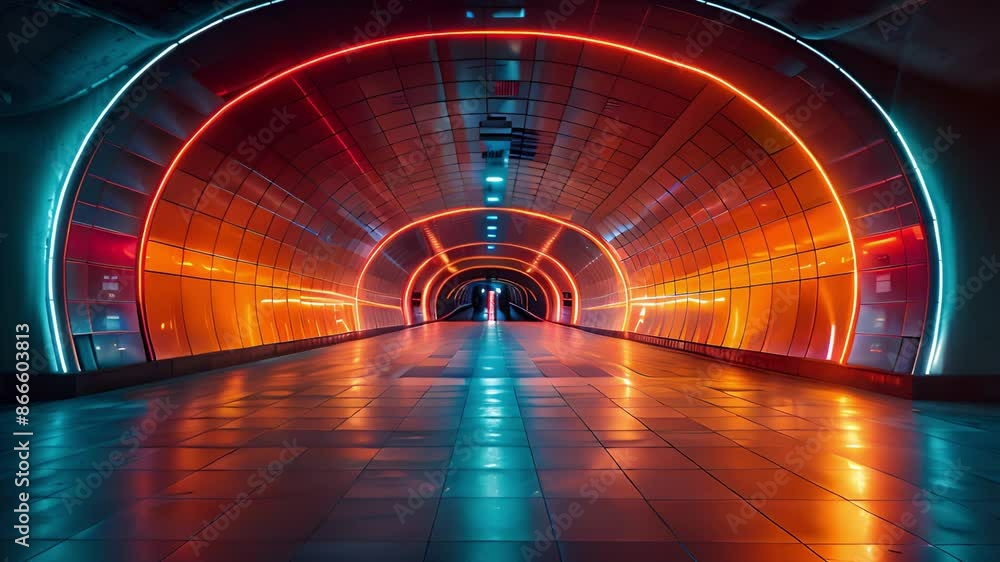 An empty tunnel is illuminated by bright neon lights. The walls are ...