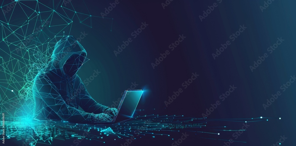 Modern illustration of a digital anonymous hacker with a light blue ...