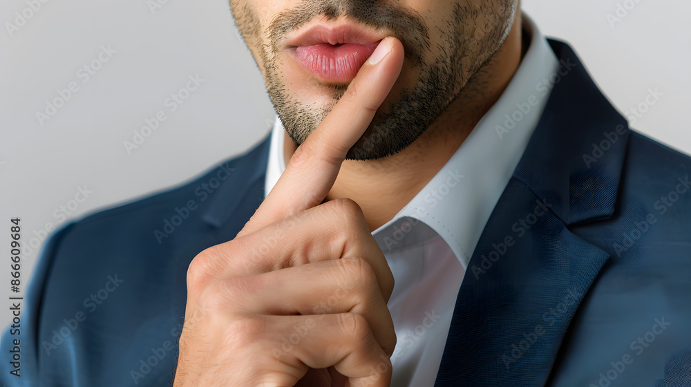 young handsome bussines man mouth and lips shut as zip with fingers ...
