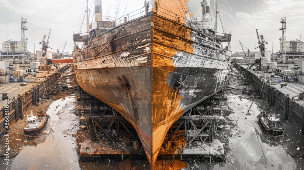 A split-screen image of a historical wooden shipyard and a modern high ...