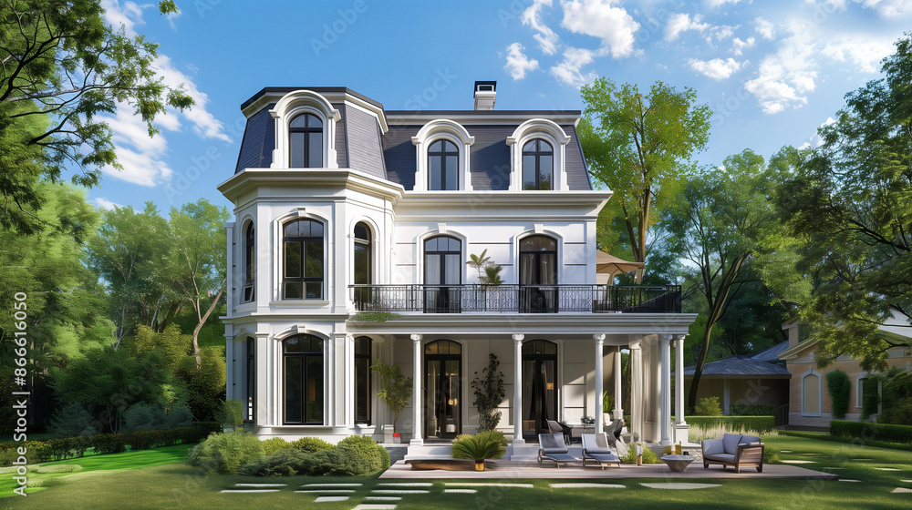Luxury French Style House with Garden (Second Empire Style). Architecture Exterior with Windows ...