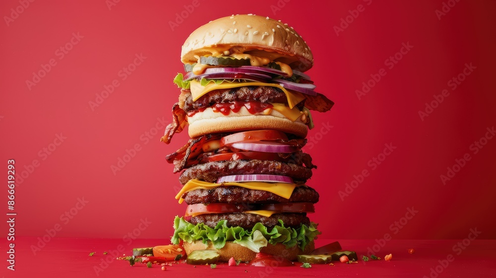 Extra tall hamburger with stacked layers of beef, cheese, and veggies ...
