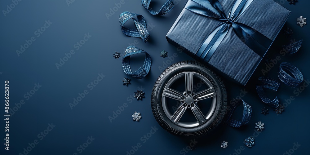 A top view and close shot of a gift box with car tire over a dark blue ...