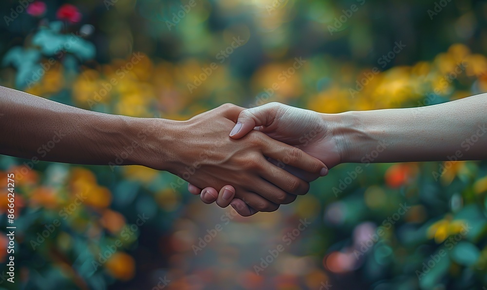 Men in park with blurred background show solidarity, collaboration, and ...