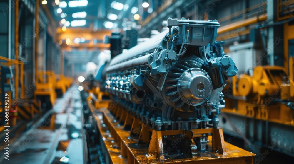 Installation of a powerful marine engine in a large vessel, showcasing ...