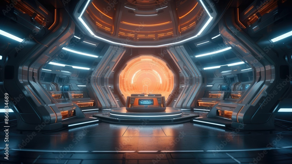 Futuristic spaceship interior with blue. Sci-fi control room concept ...