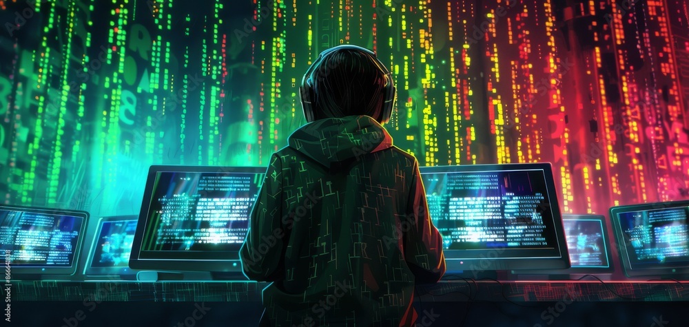 From behind, a hacker wearing headphones and a hoodie is seen working ...