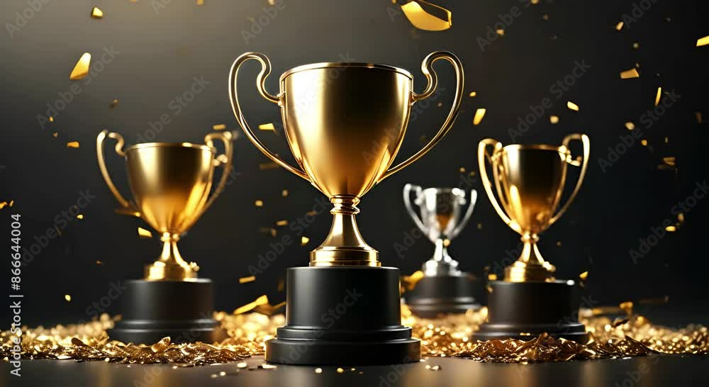 Set of trophy cups with sparkling festive background and confetti ...