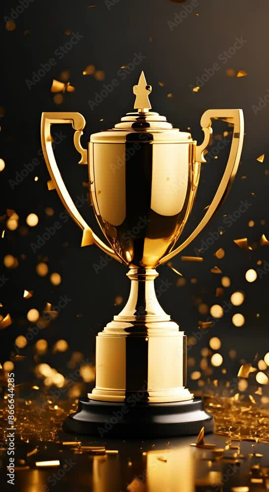 Golden trophy cup with sparkling festive vertical video background and ...