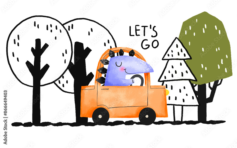 Dinosaur driver travels in a car in a fairy forest. Cute illustration ...