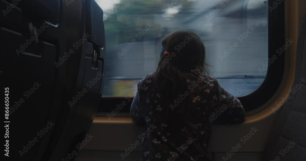 A child girl rides on a train and looks out the window from the back ...