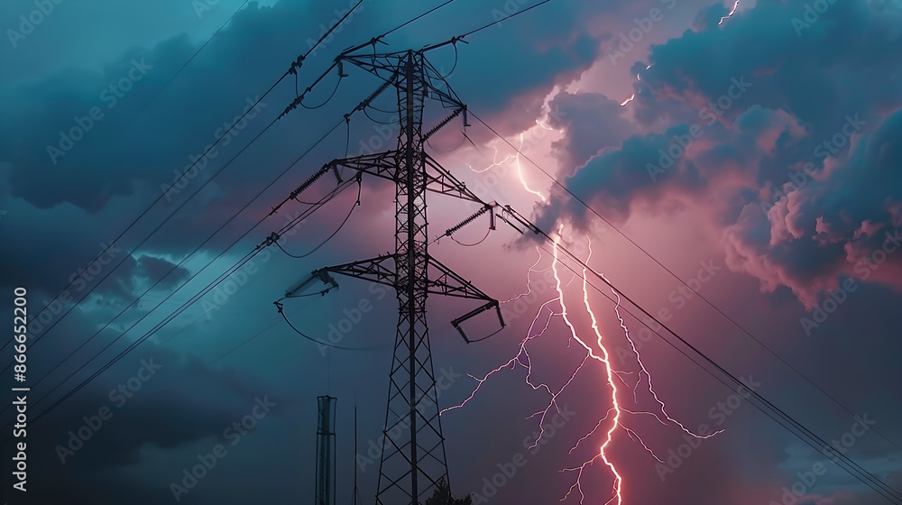 Dramatic lightning strike electrifying a power line in a V-shaped ...