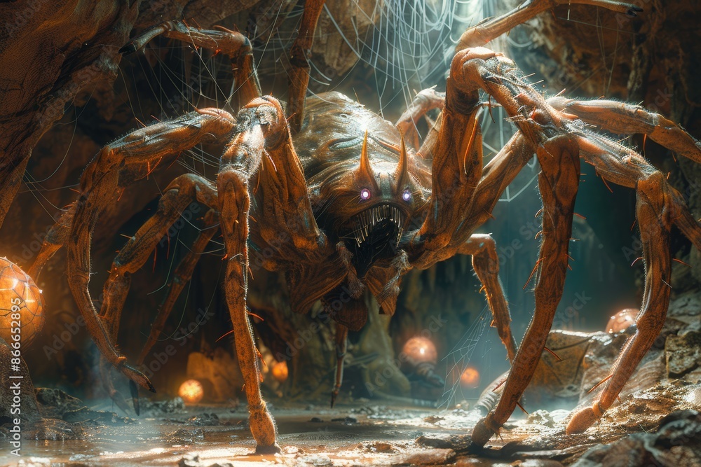 A terrifying giant spider with glowing eyes and sharp legs, lurking in ...
