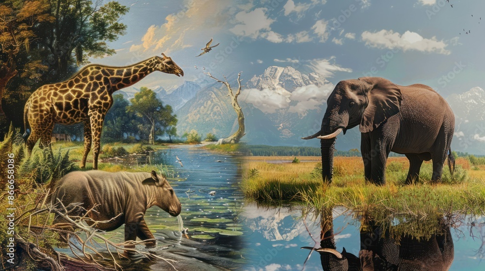 African Wildlife Scene with Giraffe, Elephant, and Rhino near Water ...