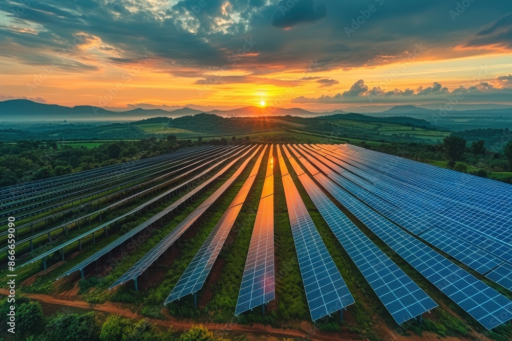 An expansive solar panel farm spread across hilly terrain, shown at ...