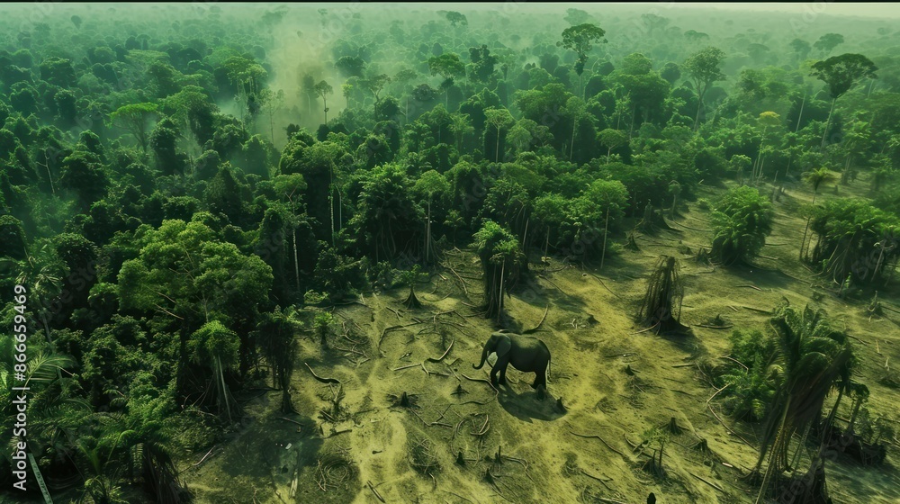 Aerial view of deforestation in the Amazon rainforest with a lone ...